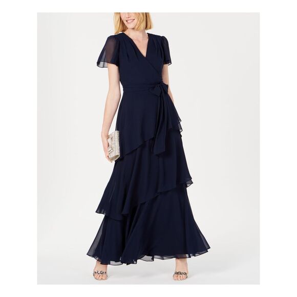 Tahari | Dresses | Tahari Womens Navy Ruffled Short Sleeve V Neck Maxi ...